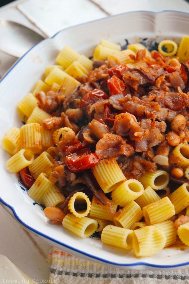 Mezzi Rigatoni with Bacon and Tomato - Living The Gourmet