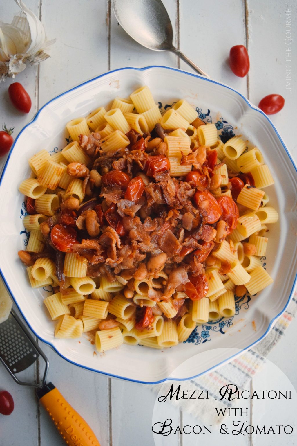 Mezzi Rigatoni with Bacon and Tomato - Living The Gourmet