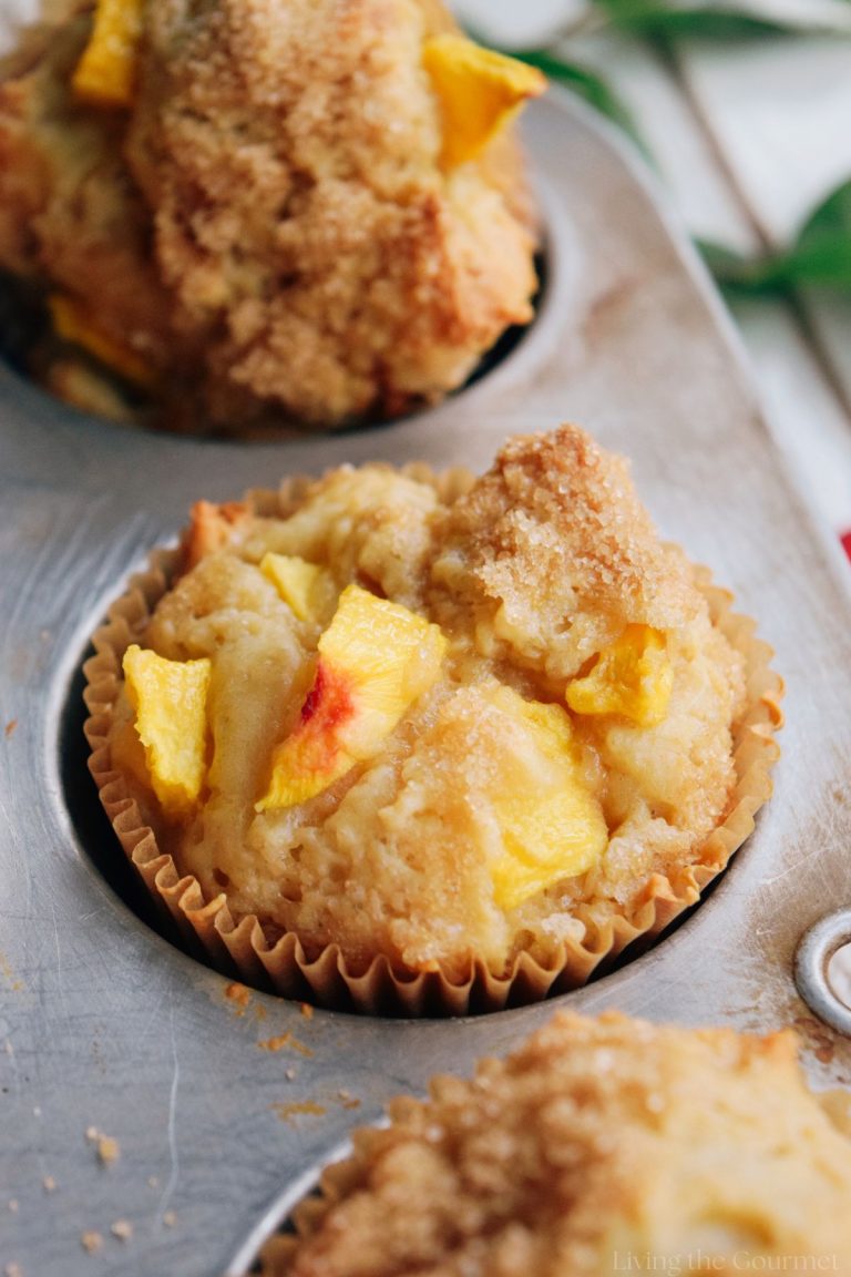 Easy Peach Muffins Recipe with Brown Sugar Topping - Living The Gourmet