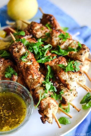 Grilled Chicken Souvlaki with Greek Romaine Salad - Living The Gourmet